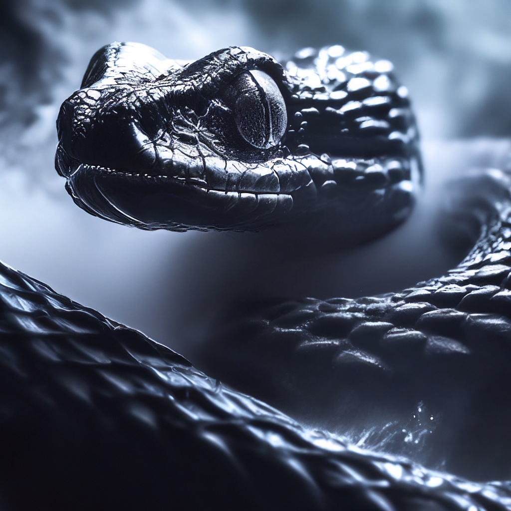 "Hyper realistic beautiful misty, consisting of smoke cute black snake ...