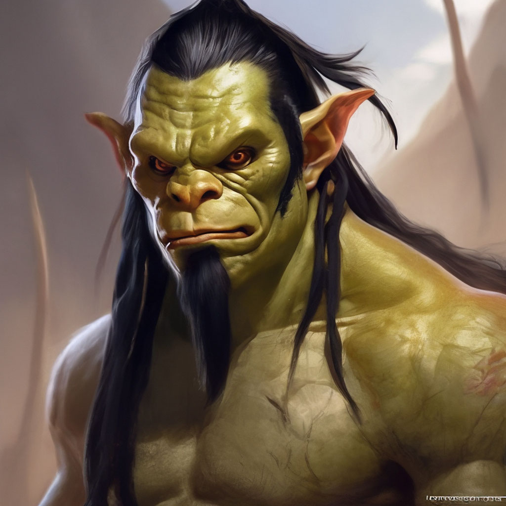 "Mangoloid orc with ocher skin and long thin hanging mustache, black ...
