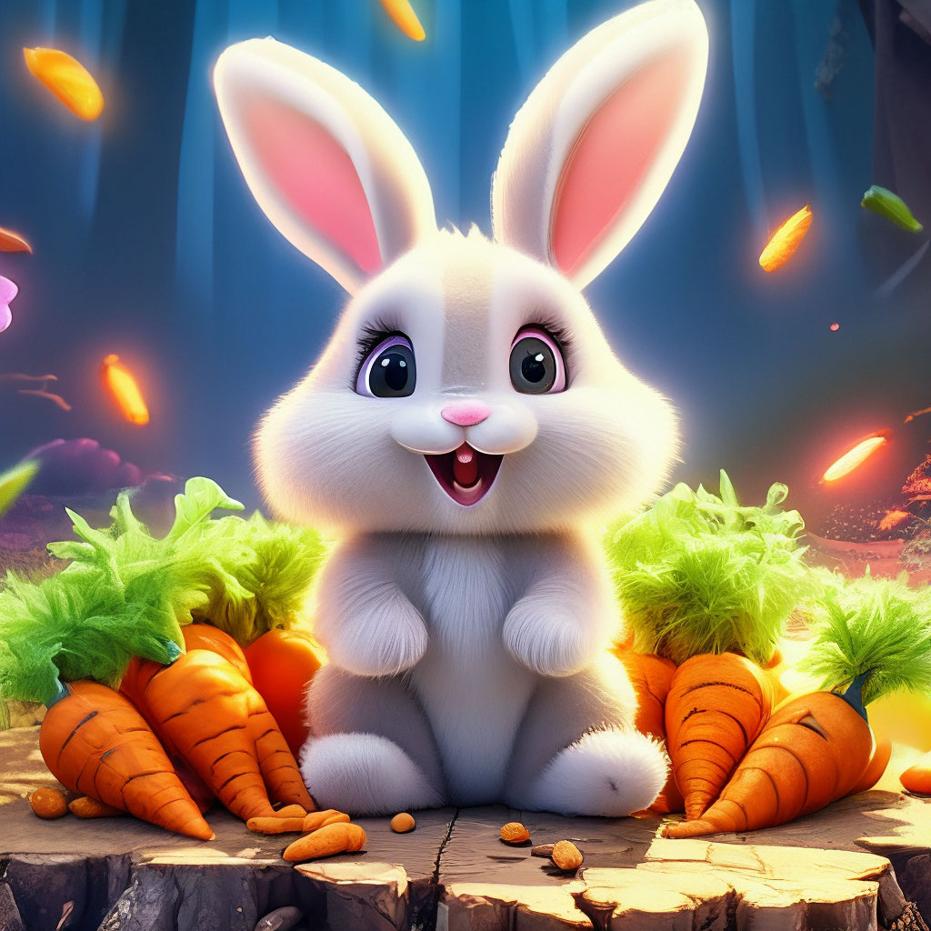 "Cartoon beautiful funny fluffy bunny sitting on a stump around a ...