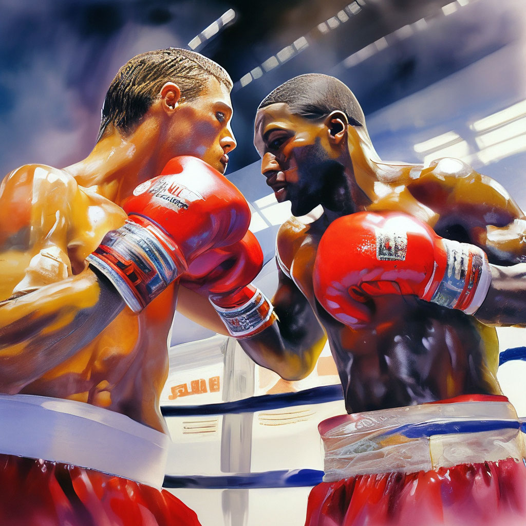 "Watercolor, boxing, sweat, scarlet horsemen, Ridik bay, nakout, ring ...