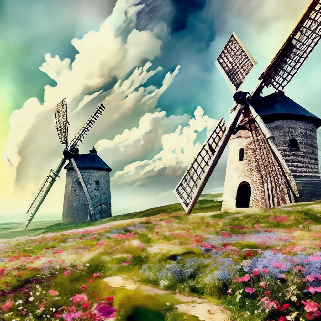 "🍀🍀🍀 surreal vintage windmills in the field, wide blades, runes, rune ...