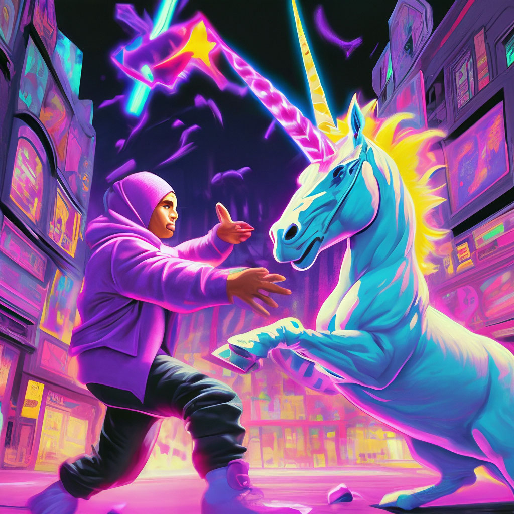 "Eminem battles with a cartoon realistic Unicorn Man in purple neon ...