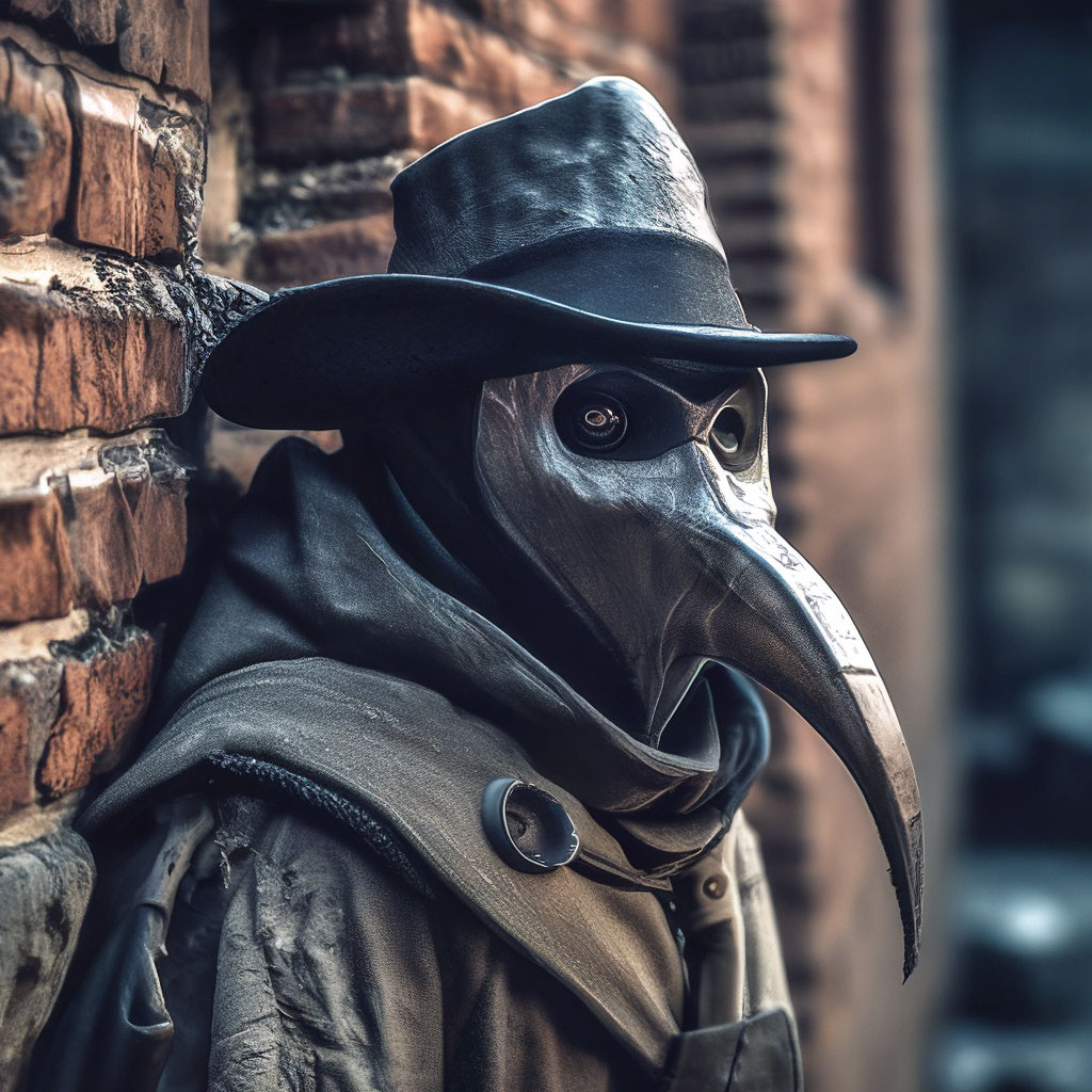 "A sinister face in a plague doctor mask with a huge nose against a ...