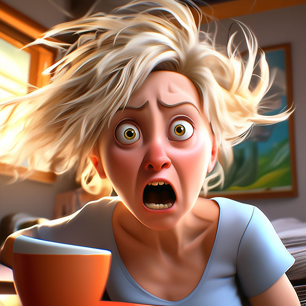 "A ruffled, funny, blonde woman with short, messy hair, with huge eyes ...