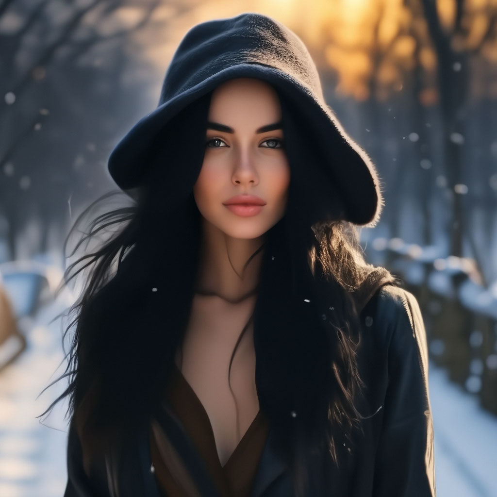 "Hyperrealism,snow,beautiful girl, girl has black hair in a hat,walks ...
