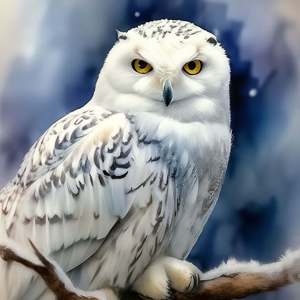 "White owl, hedwig, full-length, on a branch, close-up, watercolor ...