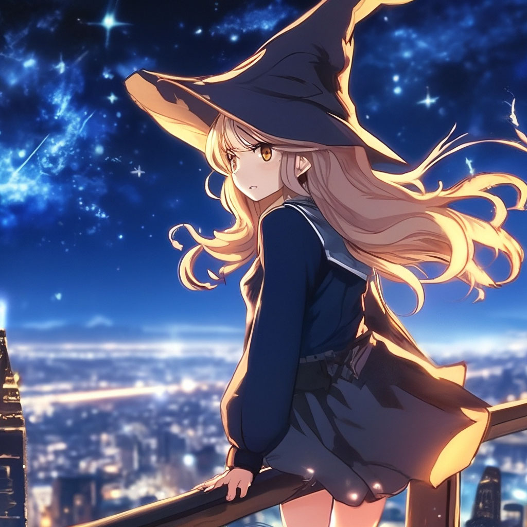 "Anime character beautiful girl 64k, city witch looks at the starry sky ...