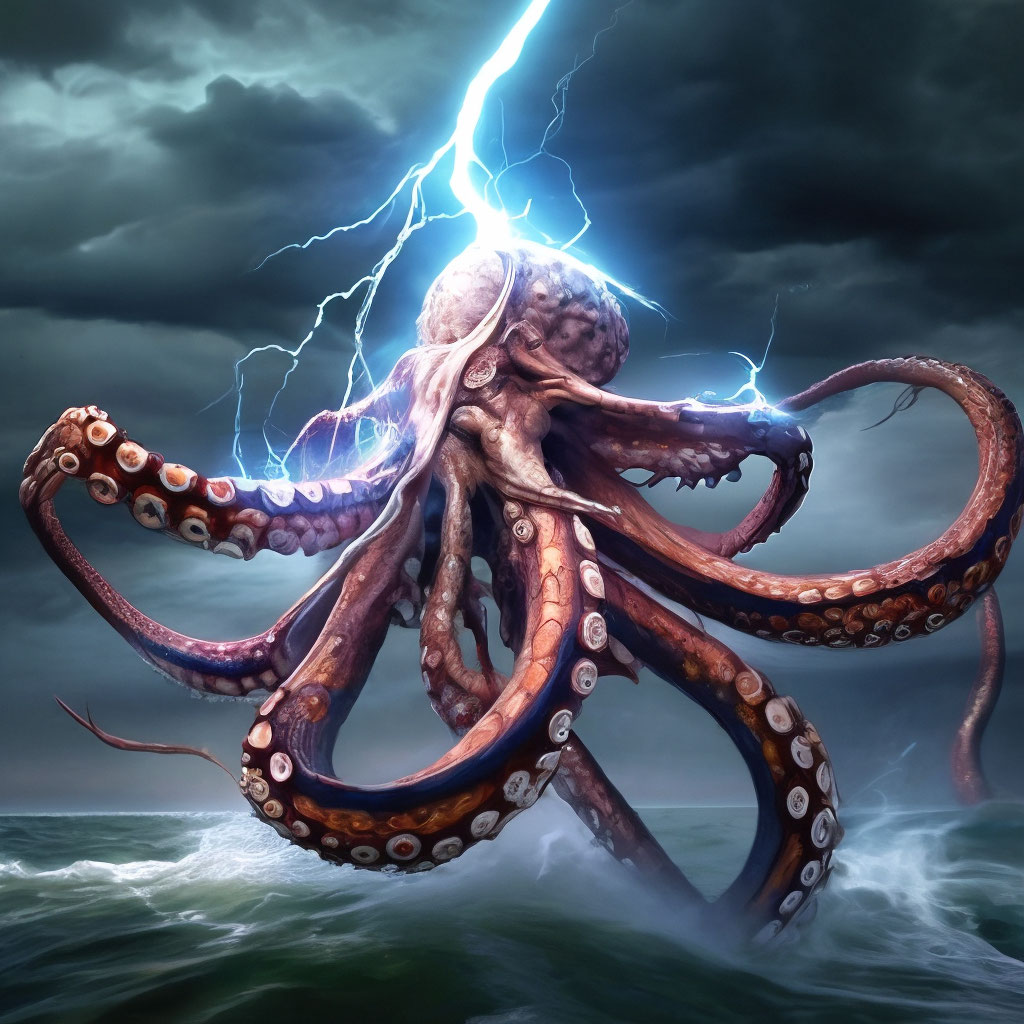 "The octopus shoots lightning from its tentacles" — image created in ...