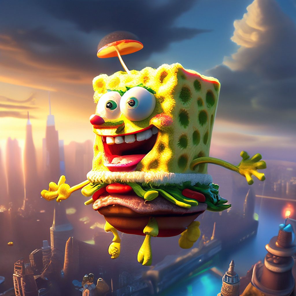 "SpongeBob sitting on a big hamburger flies over the city ...