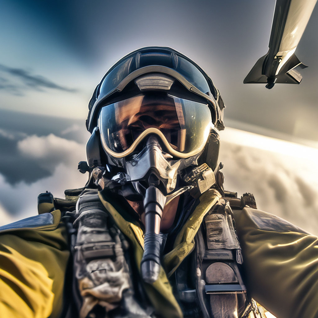 "The fighter pilot ejected and takes a selfie against the background of ...