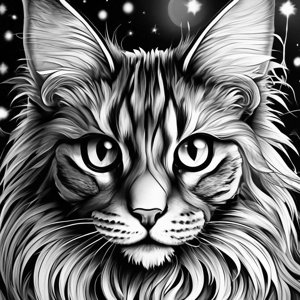 "Coloring book black and white illustration, meikun cat, with big eyes ...