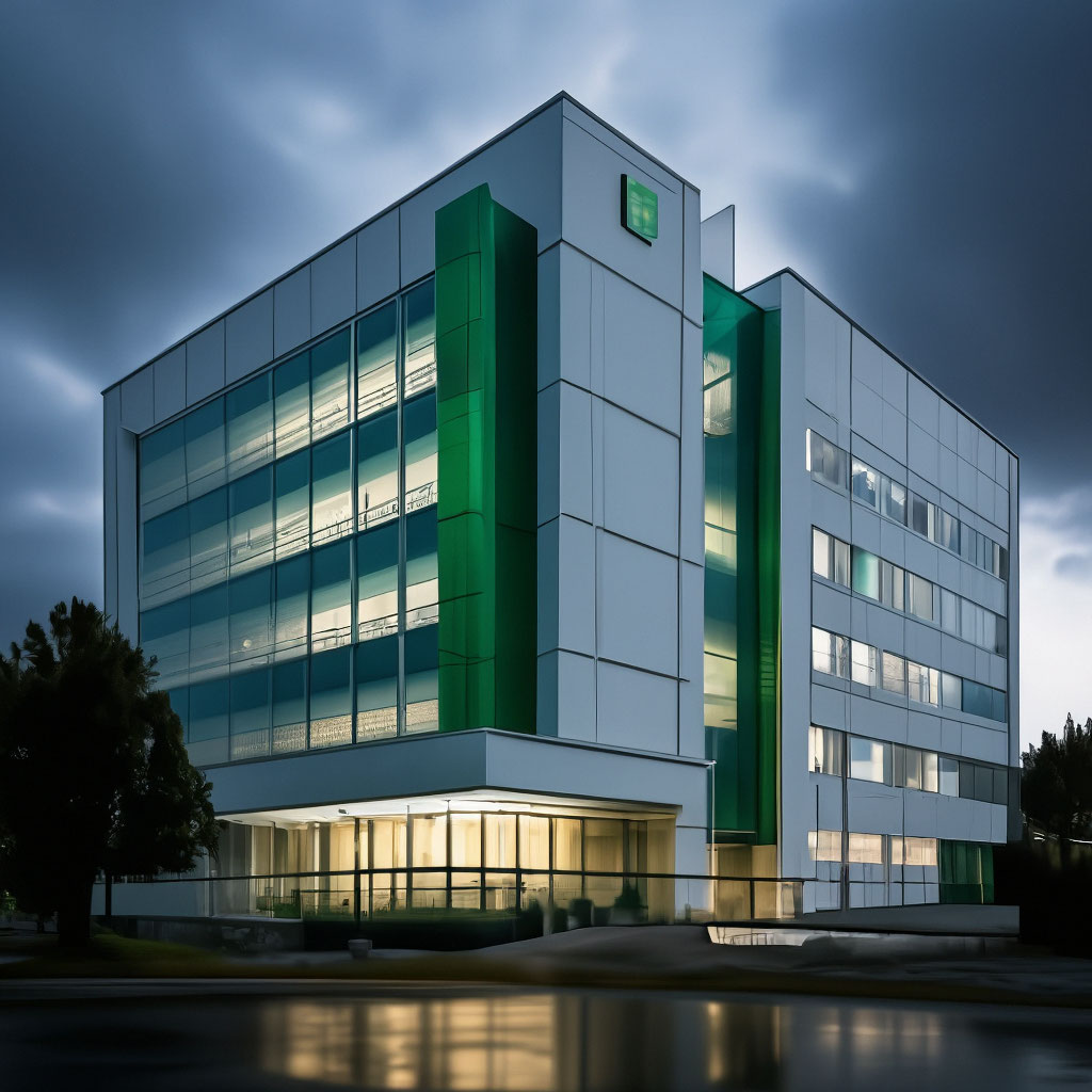 "White 5-storey hospital with a green cross" — image created in Shedevrum