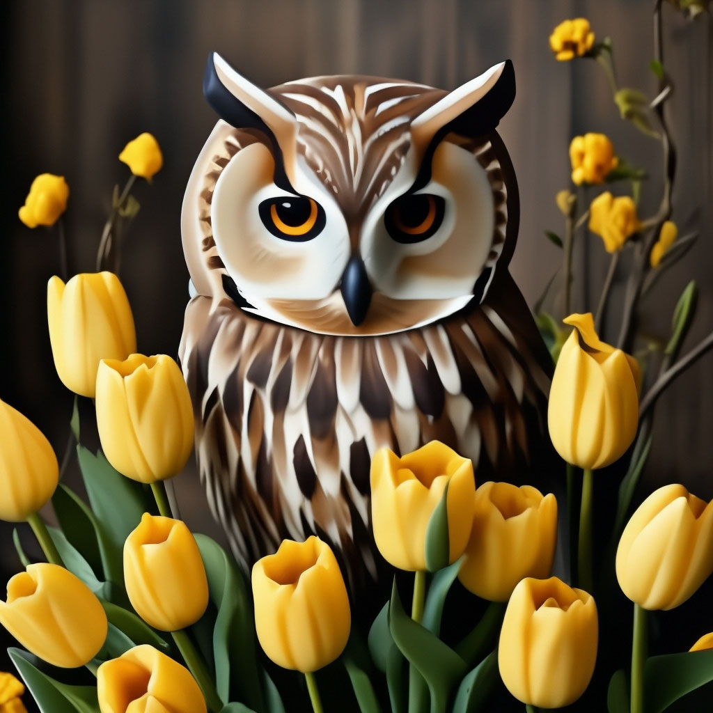 "Owl with yellow tulips and cloudberries in Debbie-chic style" — image ...