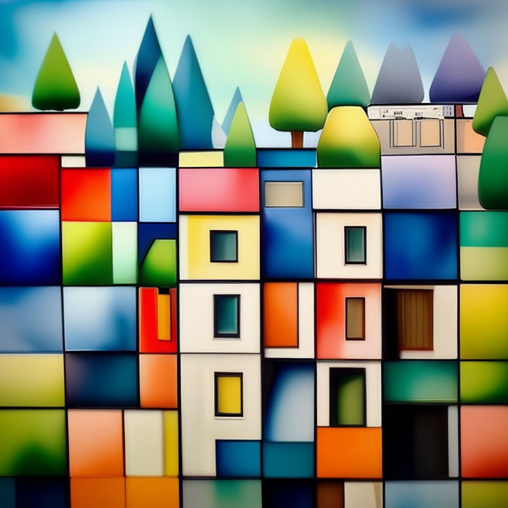 "Cubism, formalism, landscape, houses, tree, sky, decorative panel of ...
