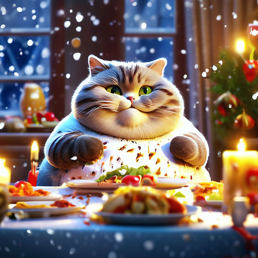 "Fat cat at the table loves to eat, food on the table, cartoon ...