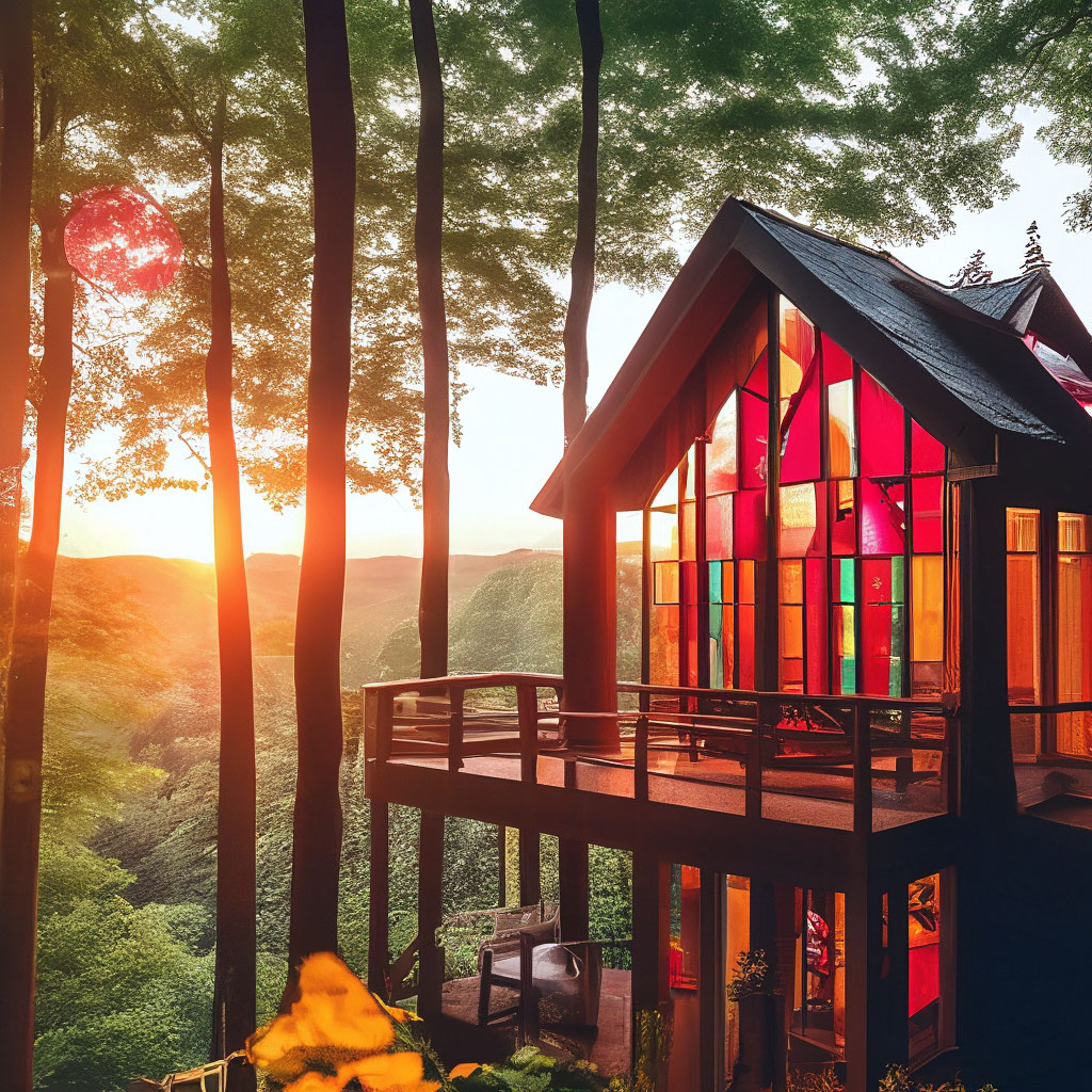 "Crimson summer sunset, cozy, tree house in the forest, stained glass ...
