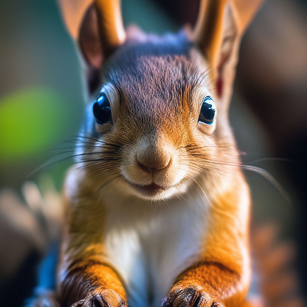 "A very beautiful cute squirrel face sits with a nut and looks at us ...