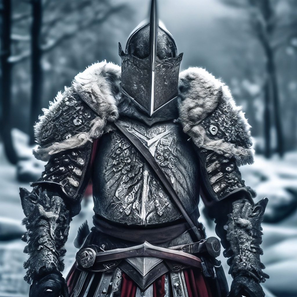 "A stern knight in armor with fur and a beautiful helmet, a long and ...