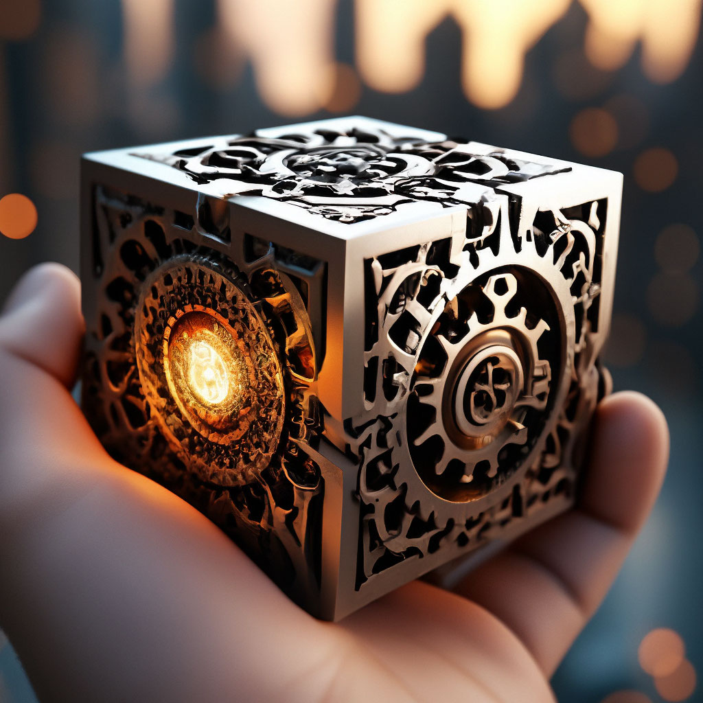 "An artifact in the palm of your hand, a metal cube, gears, intricate ...