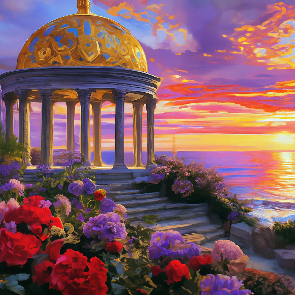 "Golden Gothic rotunda by the sea, silk painting lavender sea crimson ...