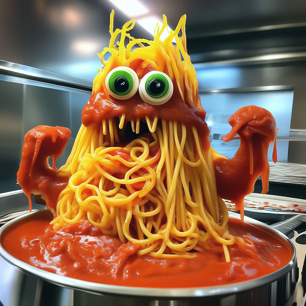 "Spaghetti monster bathed in ketchup" — image created in Shedevrum