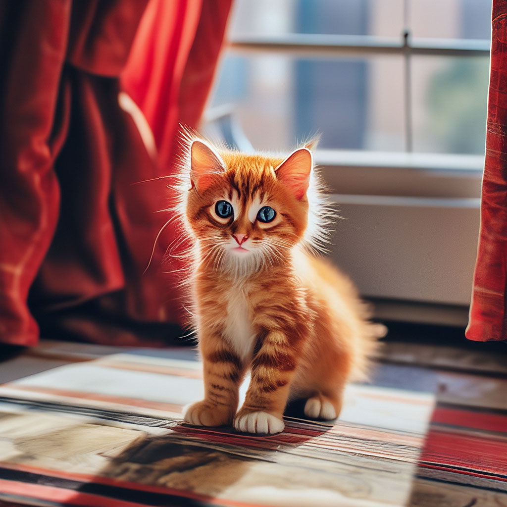 "A red-haired kitten slinks around the apartment" — image created in ...