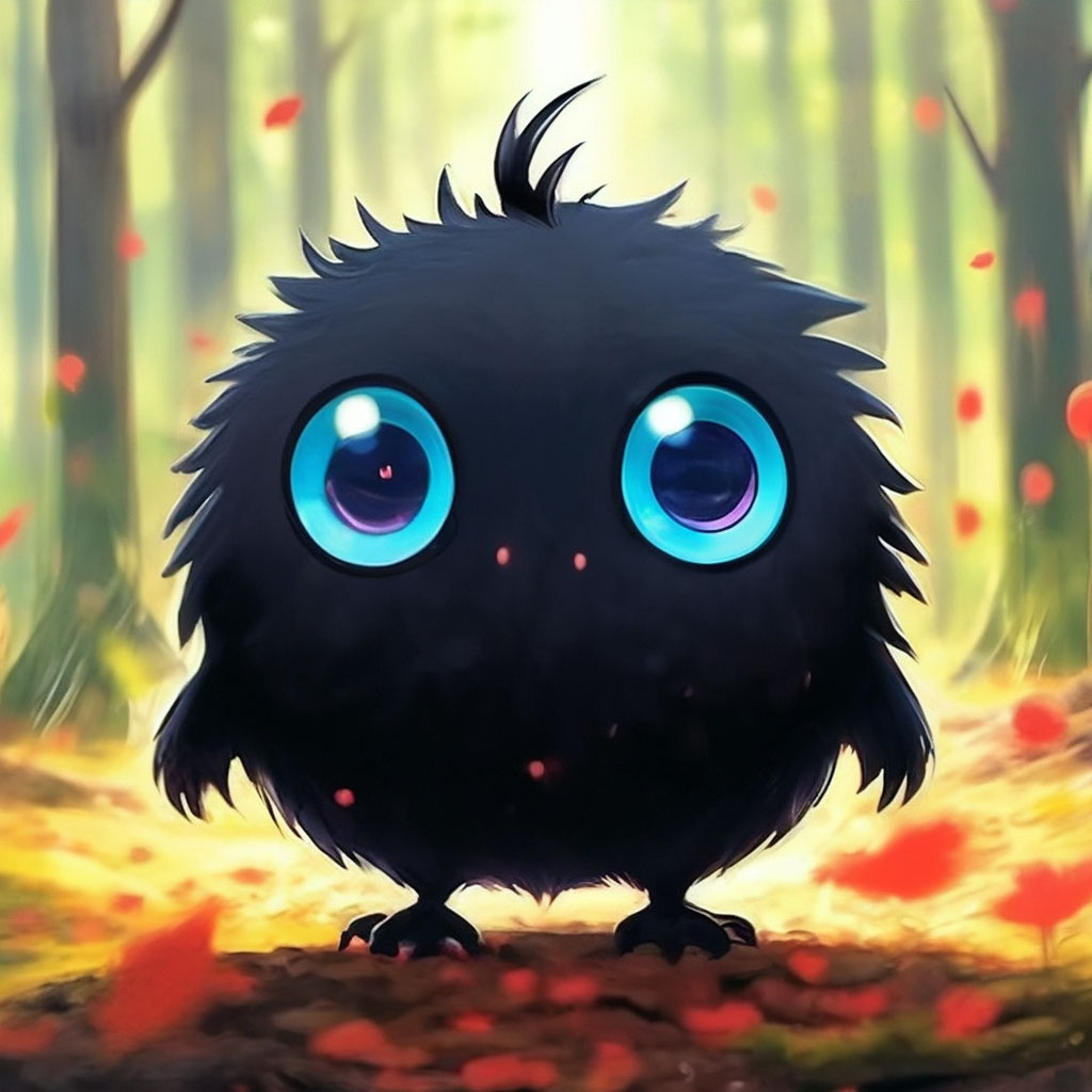 "A very cute black round creature. Big eyes. Style: Anime. Color ...