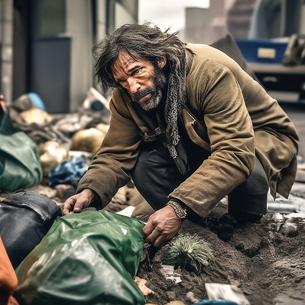 "Realistic, professional photo of a homeless man digging in the trash ...