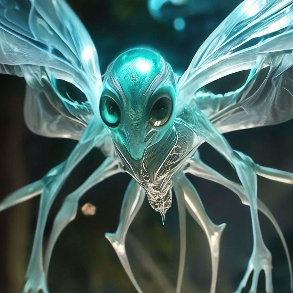 "Ghostly translucent alien creature through the light, hovering above ...