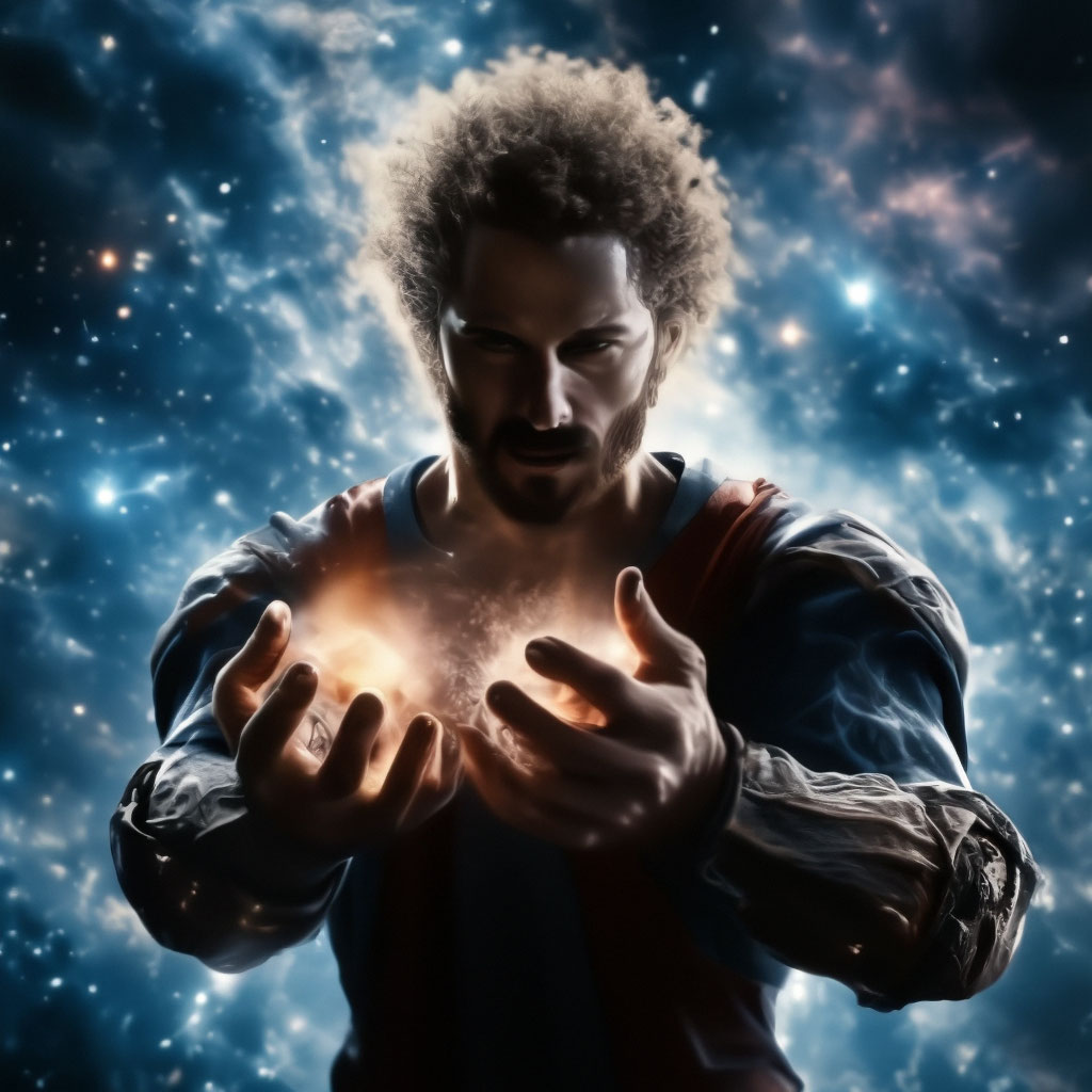 "Huge celestial creature creates a galaxy with his hands, stars ...