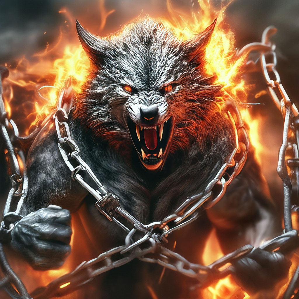 "Fenrir, flame, chains, anger, runes high detail, photorealistic ...