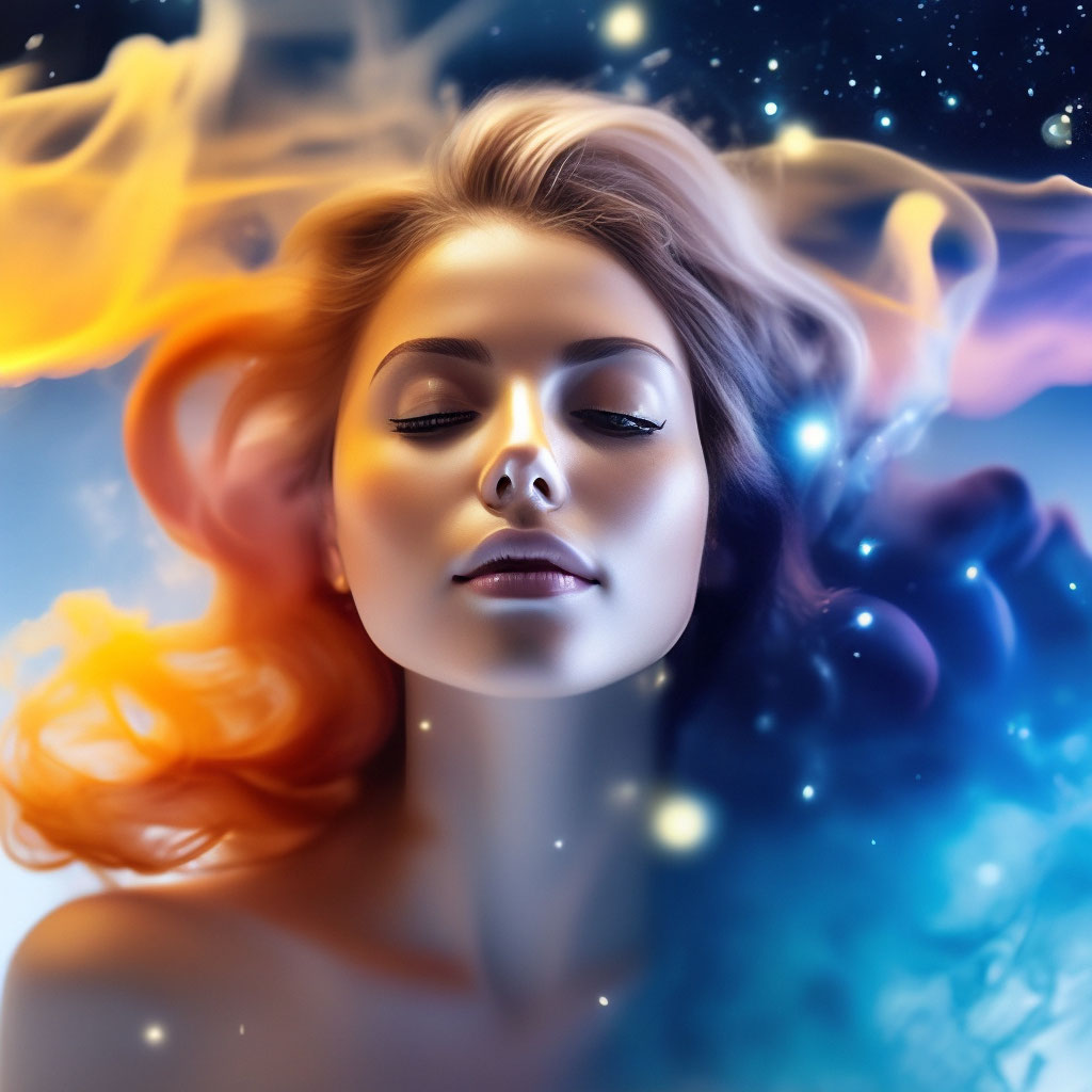 "Celestial woman, galactic woman, ink spread on water, clear water ...