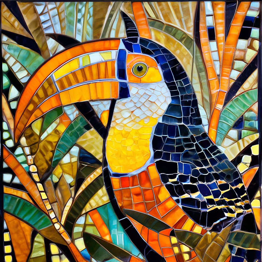". linocut, klimt, medieval toucan among palm leaves, super micro glass ...