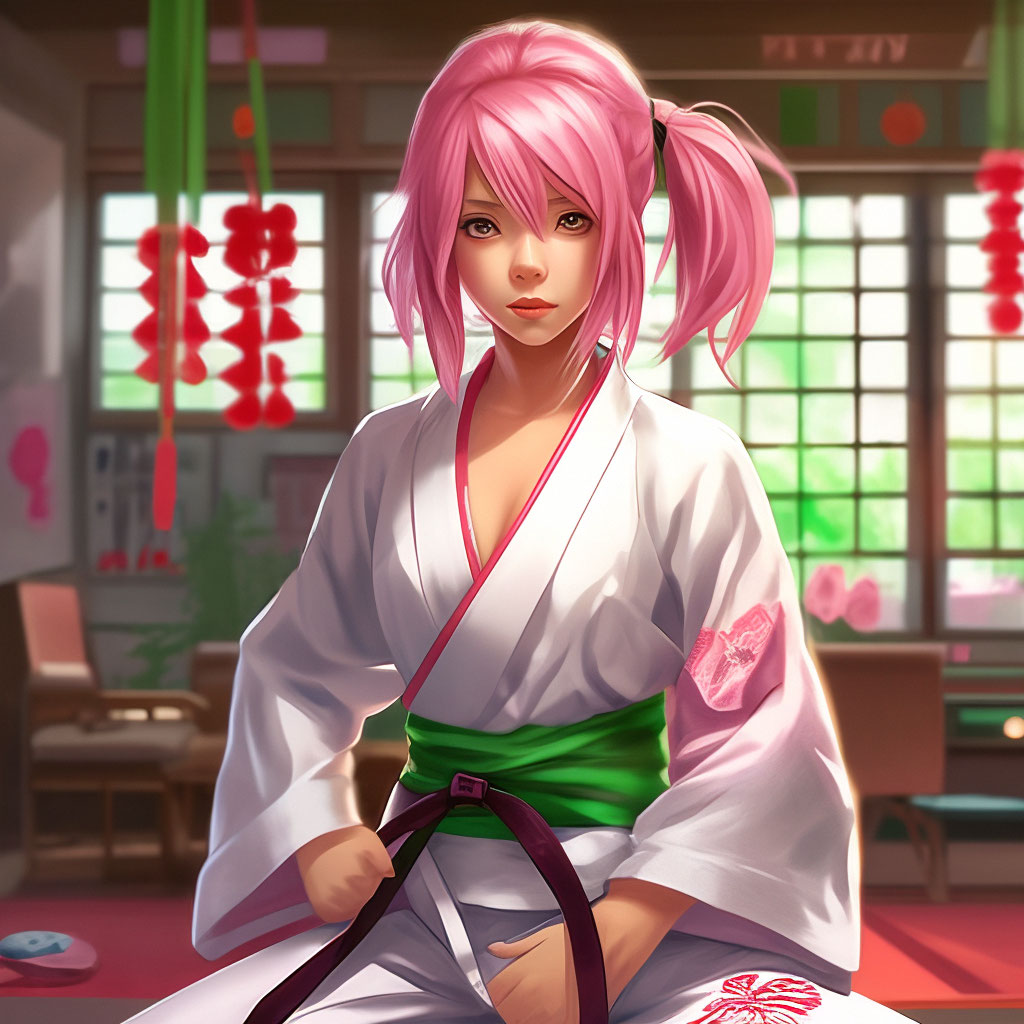 "Karate girl, short pink hair with a pigtail at the back, green eyes ...