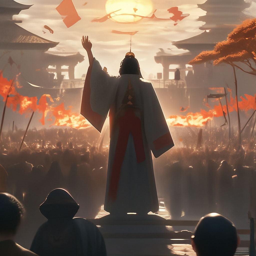 "The people welcome the emperor. The emperor stands with his hands ...