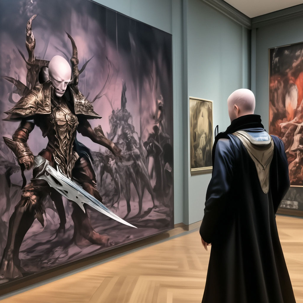 "Dark Aeldari from Warhammer 40,000 in the museum admiring paintings ...