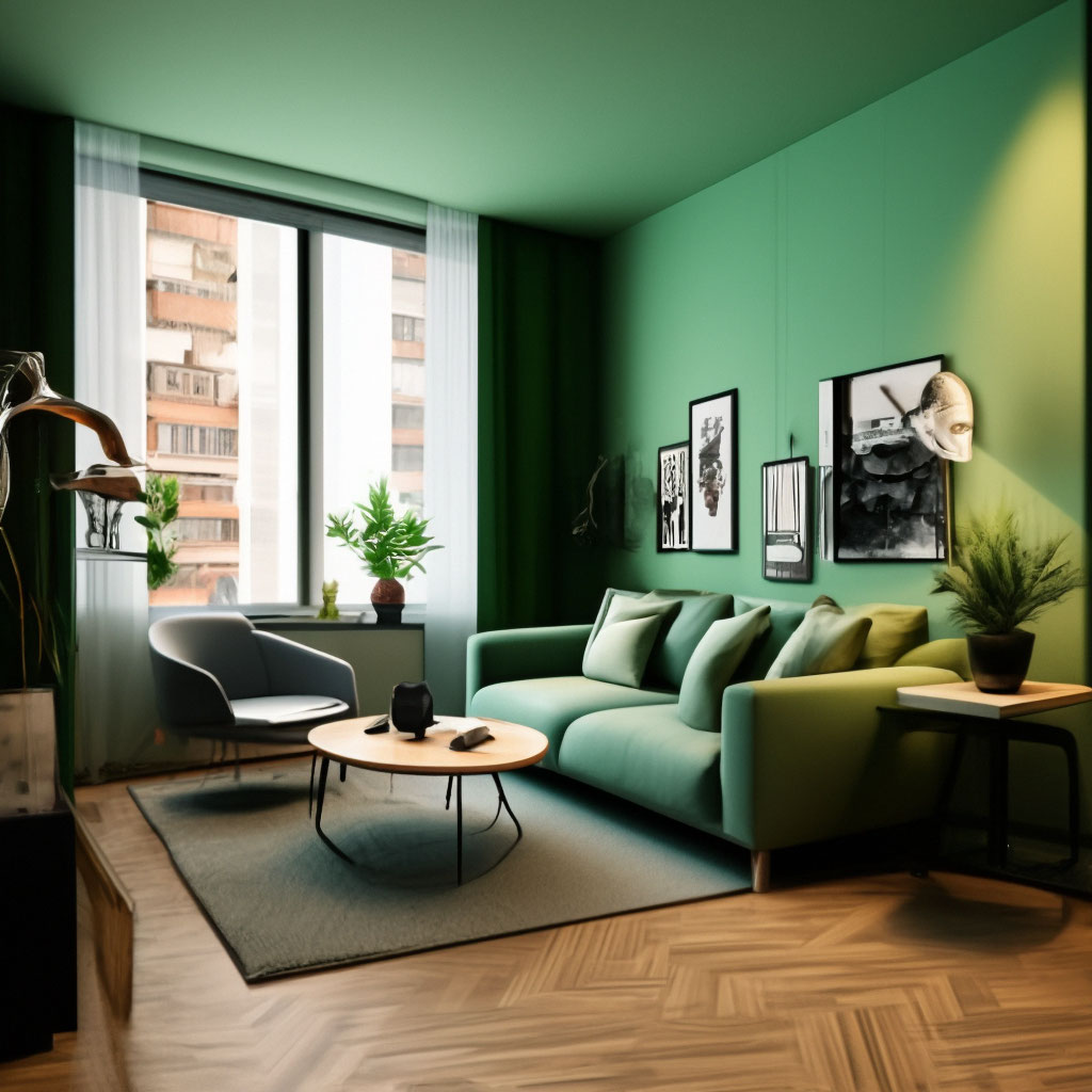 "The interior of the studio apartment, light green color of the walls ...