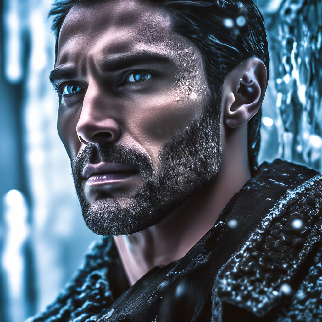 "Double exposure, hyperrealism beautiful brutal man to the waist ...
