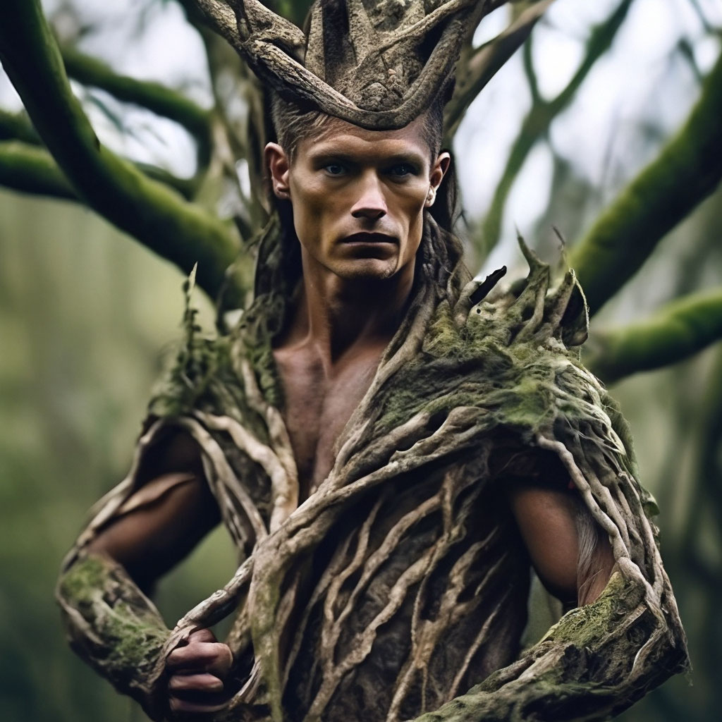 "Druid, male dryad, hybrid of a man and a tree, roots and branches in a ...
