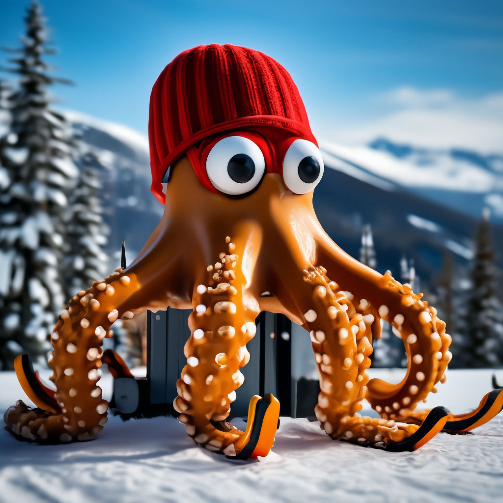 "Octopus on skis, six skis and one pair of poles, a lot of snow, bright ...