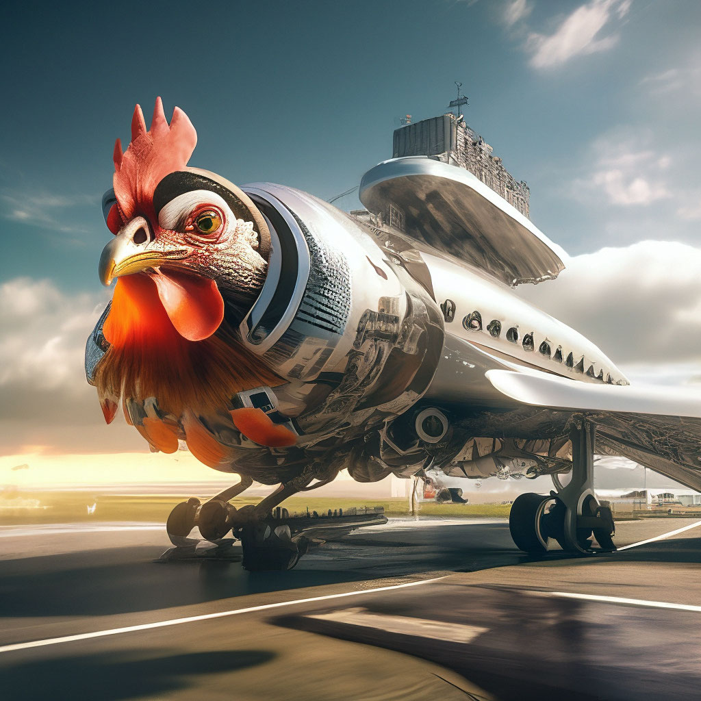 "The chicken pulls the plane on the runway" — image created in Shedevrum