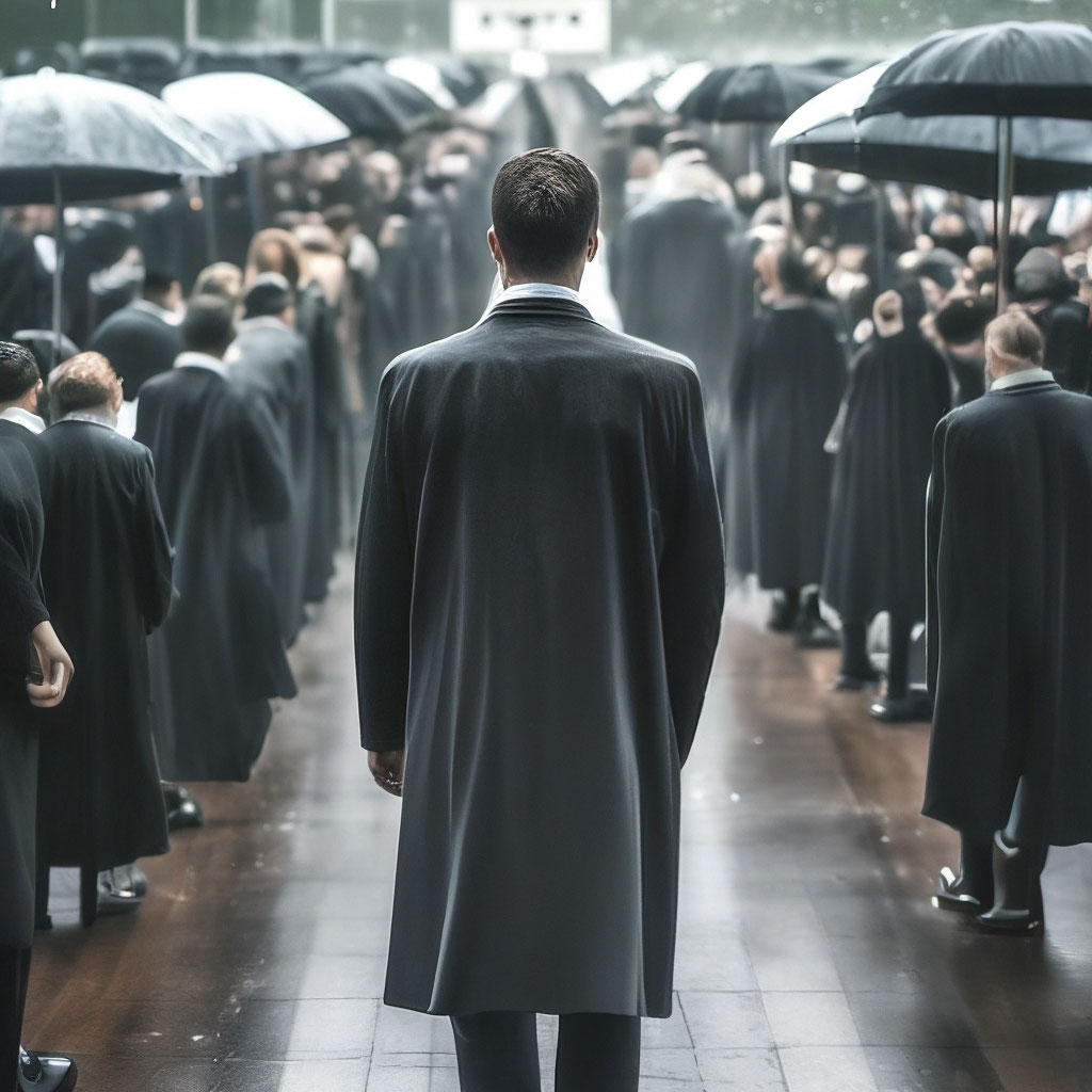 "Loneliness A man walks against the crowd into the screen with his head ...