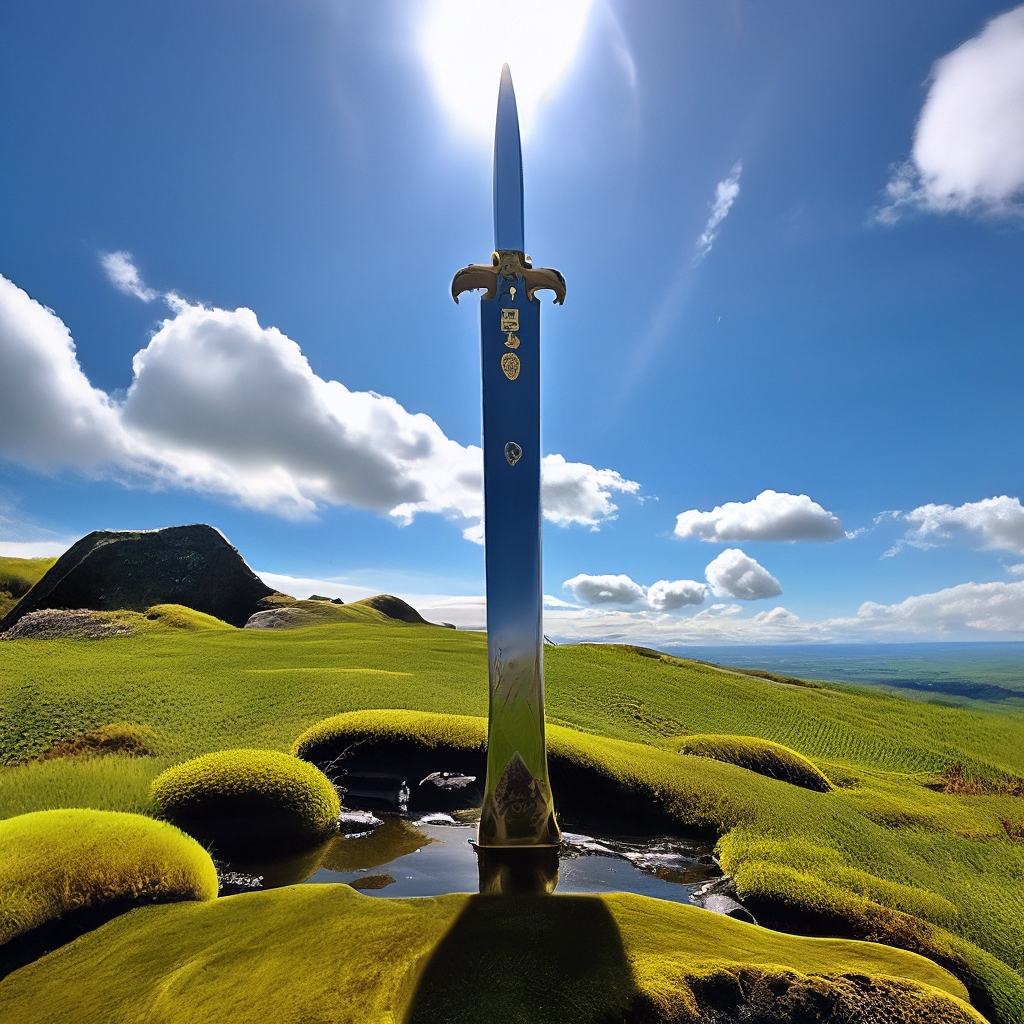 "A sword in stone under a sky pierced by sunlight, there is a lot of ...