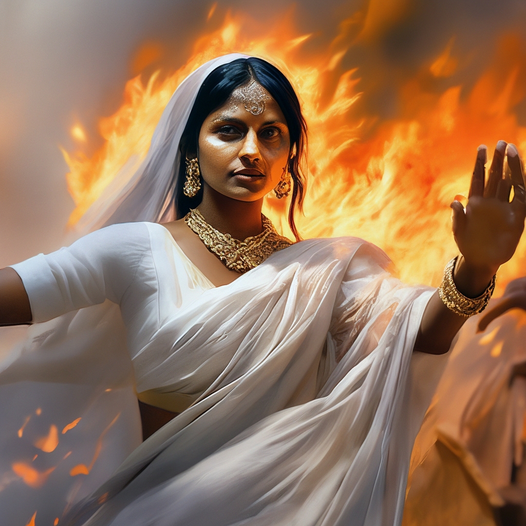 "Indian woman in a white sari, engulfed by fire, pulls her hands ...