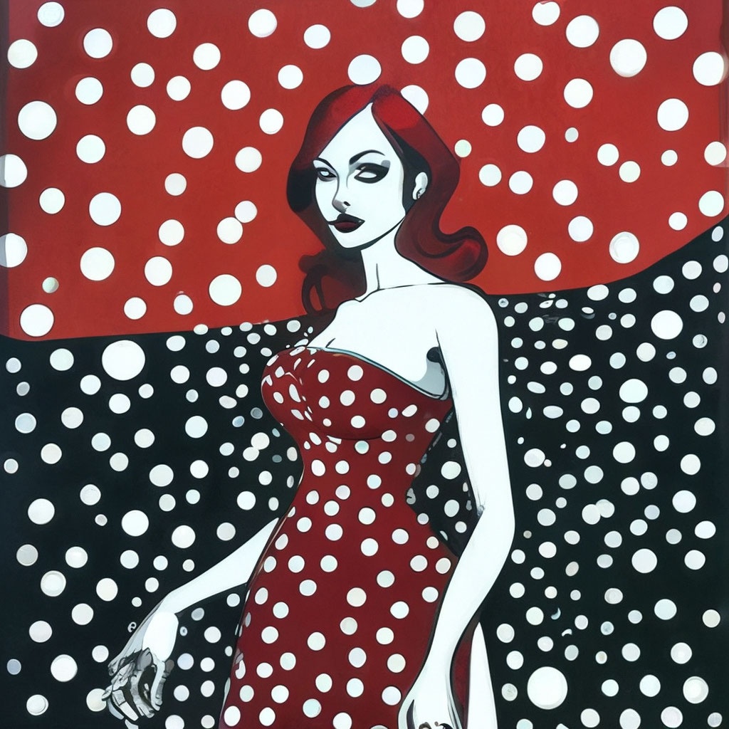 "Woman in white dress with big red dots, comics style, halftone dots ...