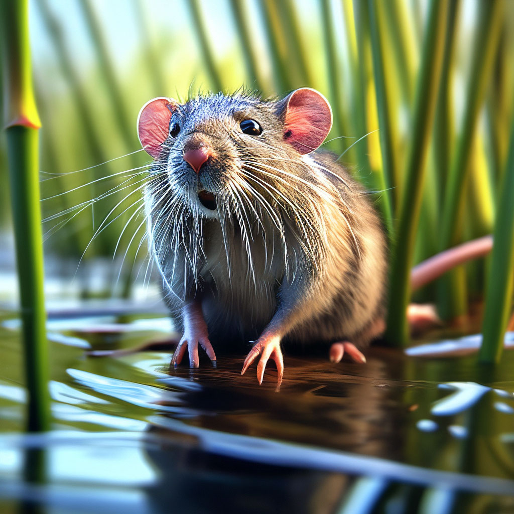 "Hyper realistic water rat sitting in the reeds, 3d, hyper-rendering of ...