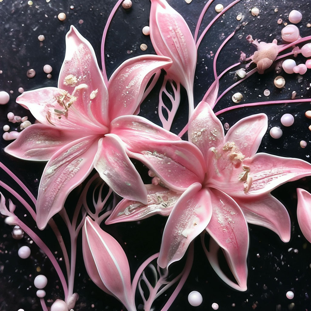 "Pink lilies, white lines, filigree, dark botanical style glitter in ...