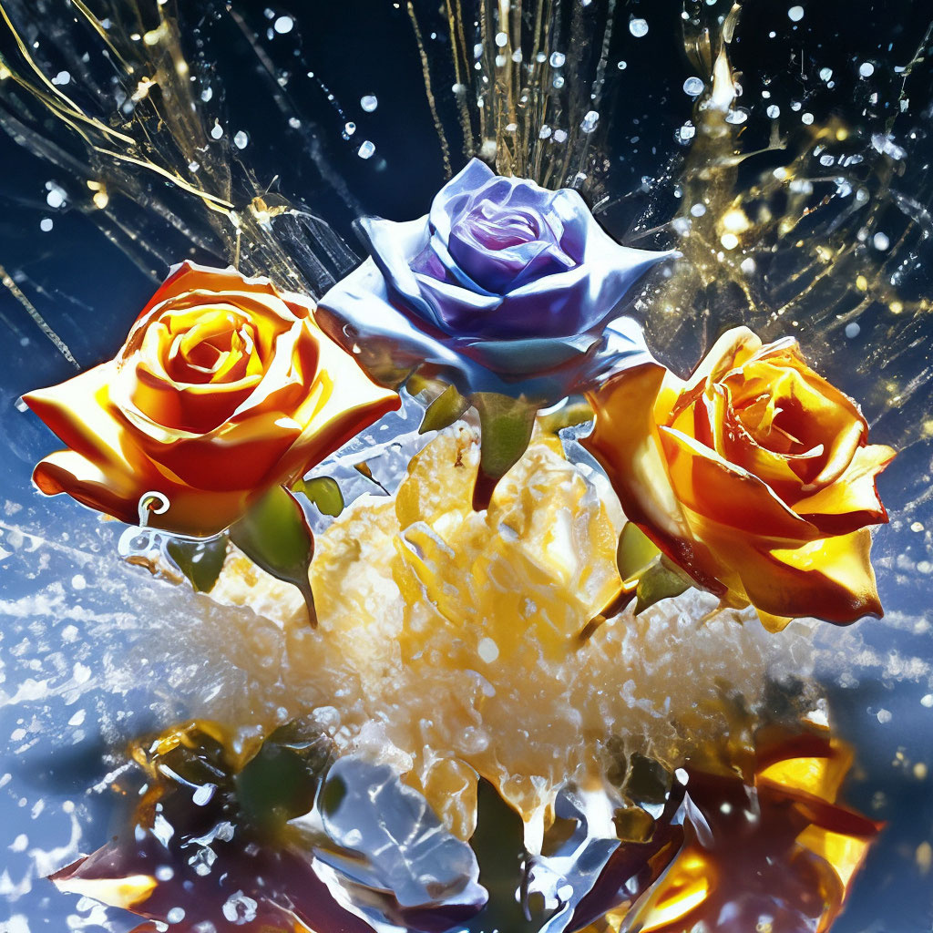 "Flickering. three roses large bouquet floating in phosphorescent ...