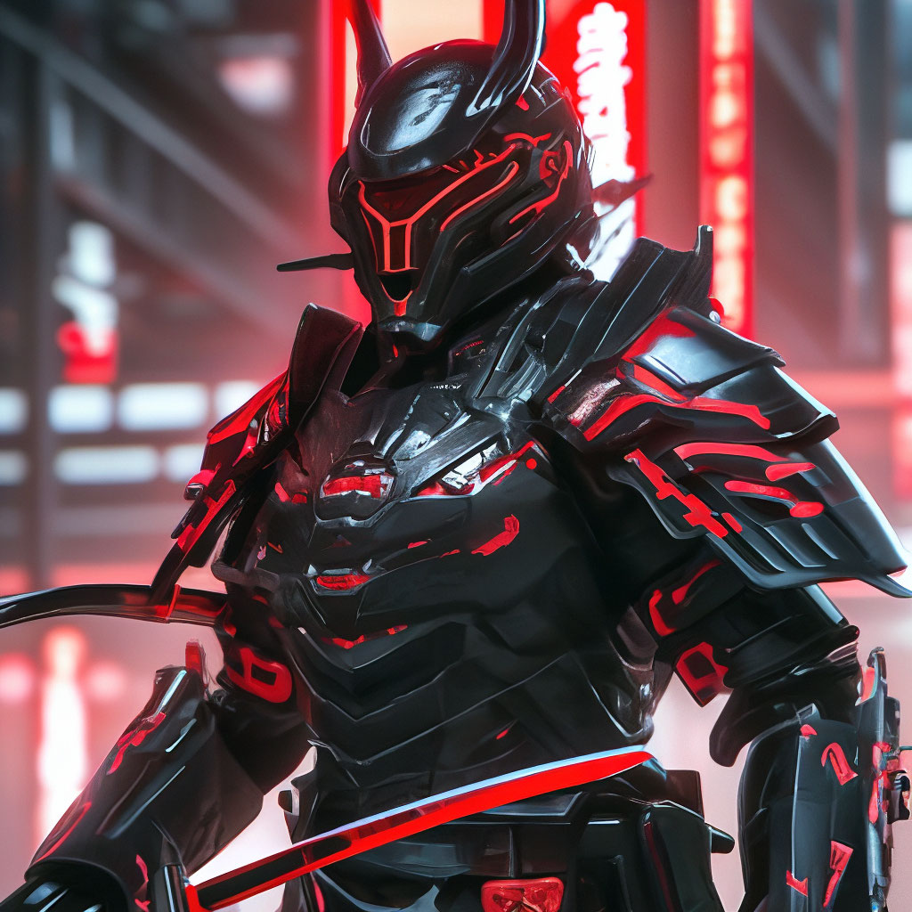 "Cyber samurai black armor with full-length red contours, with a laser ...