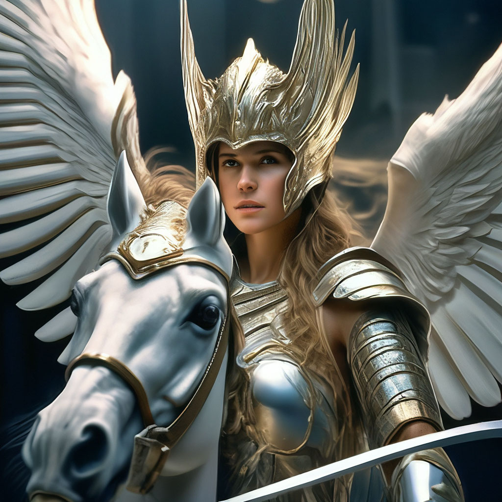 "Valkyrie is a beautiful maiden flying astride a winged horse, wearing ...